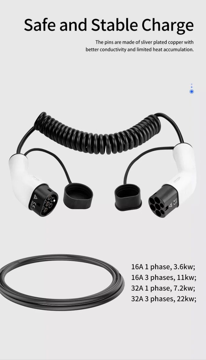 Type 2 Charging Cable 22kW 3 Phase Spiral EV Charging Cord 4kg