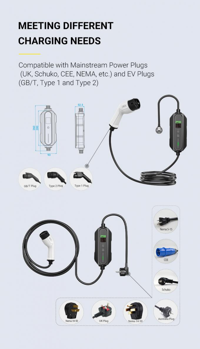 10A 16A EVSE Level 2 Type 2 Portable EV Charger Adjustable With Schuko