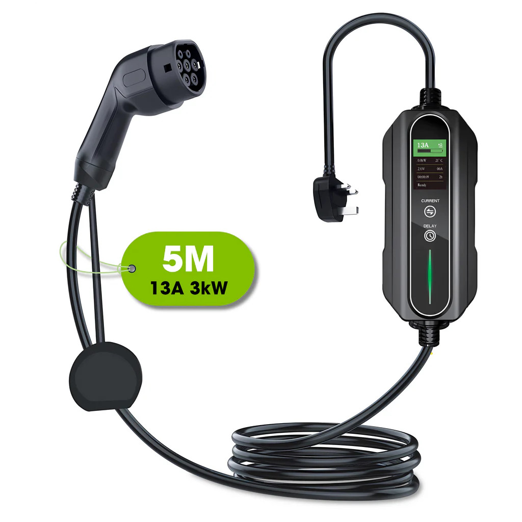 Type 2 Portable EV Charger 6A - 13A Variable 3kW 5 Metre UK 3 Pin Plug