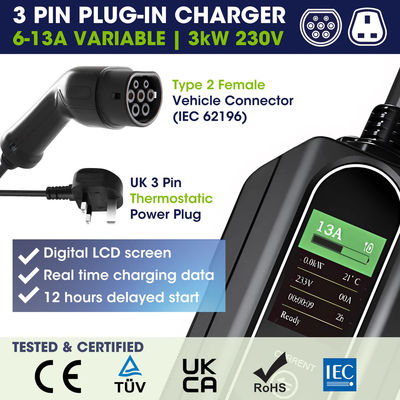 Type 2 Portable EV Charger 6A - 13A Variable 3kW 5 Metre UK 3 Pin Plug
